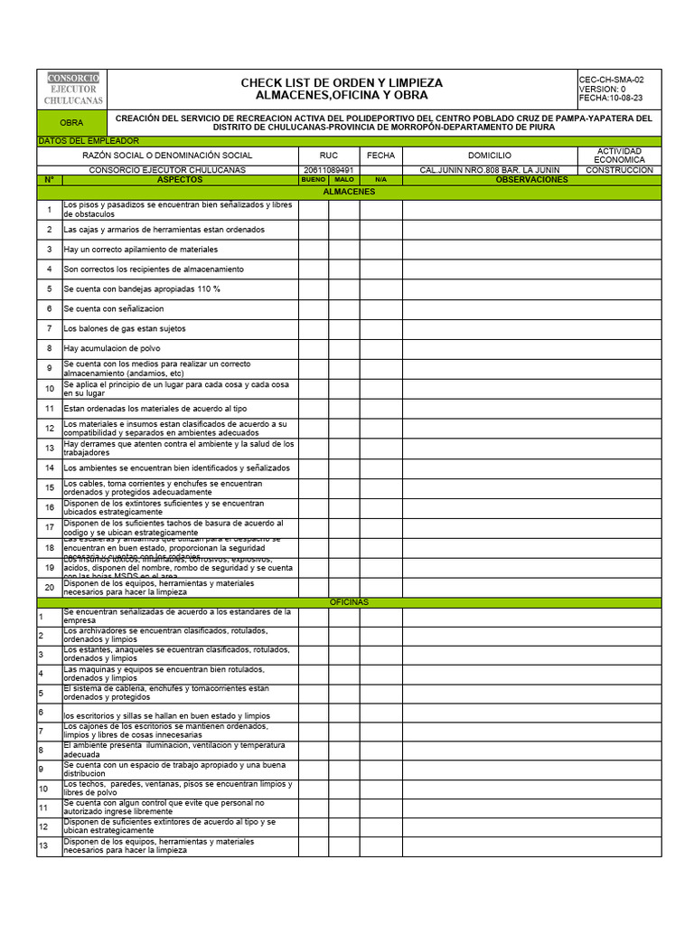 CEC-CH-SMA-02 Check List de Orden y Limpieza en Almacenes, Oficina y ...