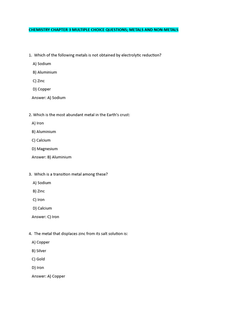Chemistry Chapter 3 Multiple Choice Questions | PDF | Metals | Zinc