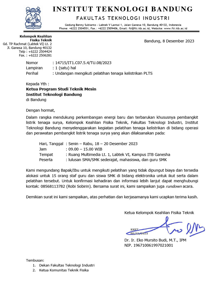 2023 Desember 8 14715 KKFT Surat Undangan Pelatihan SHET Kaprodi TM FTMD | PDF | Teknologi ...