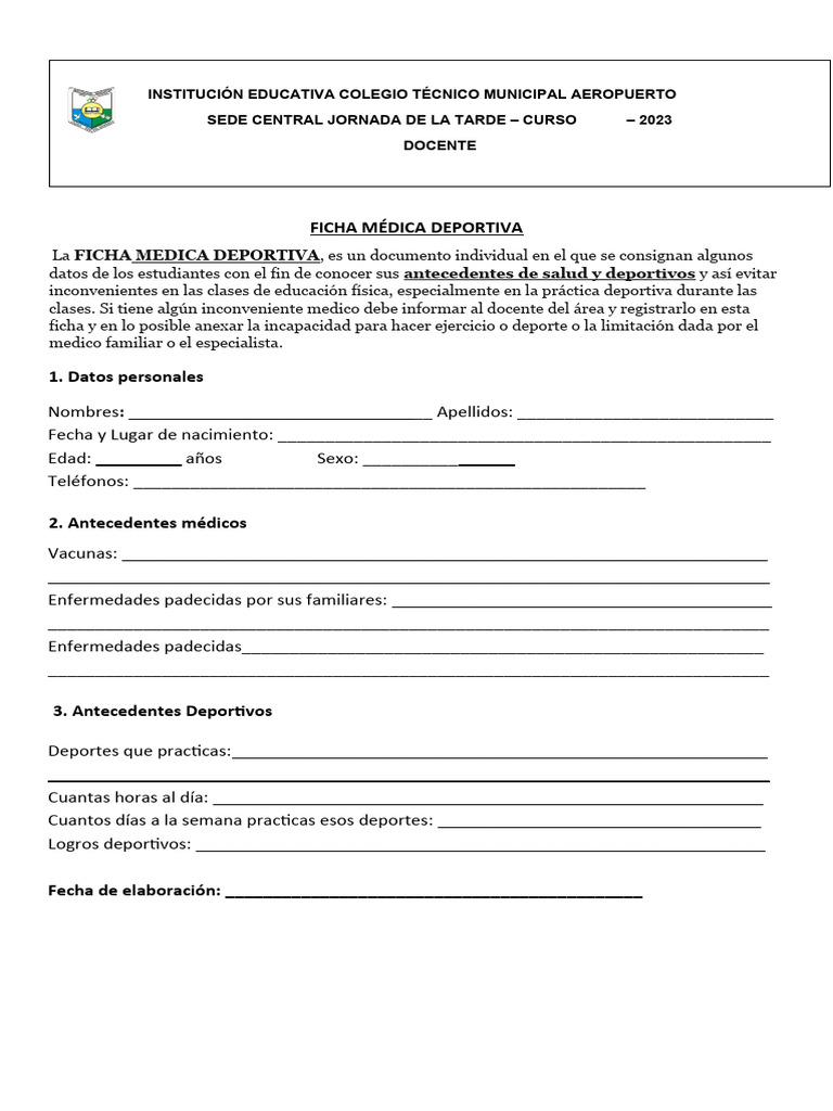 Ficha Médica Deportiva | PDF | Índice de masa corporal | Cuidado de la salud