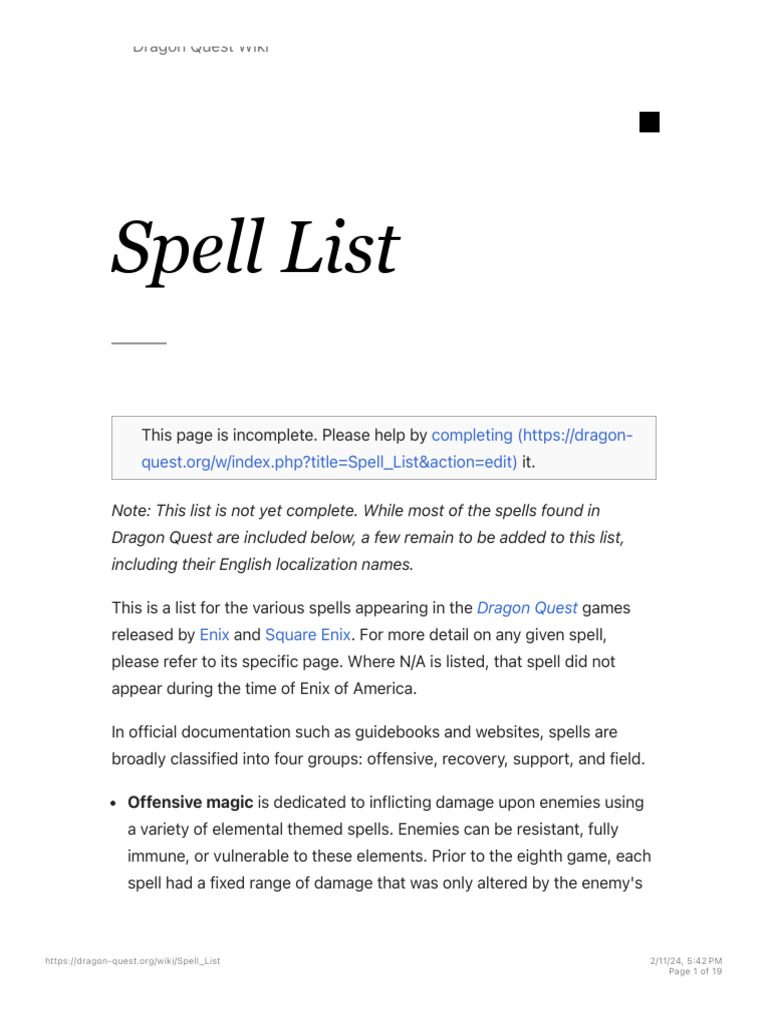 Dragon Quest Spell List Overview | PDF
