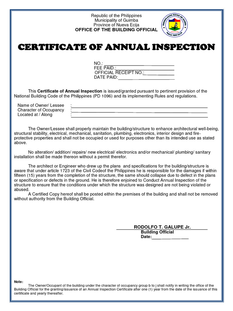 Annual Building Inspection Certificate | PDF | Justice | Crime & Violence