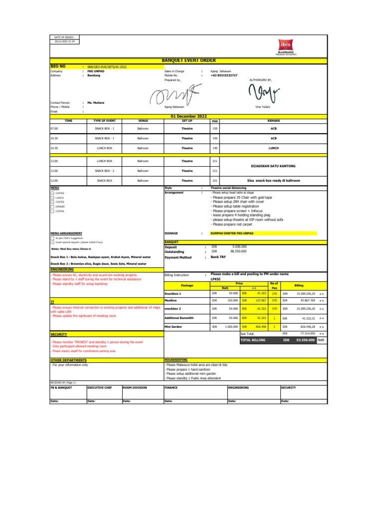 BEO Graduation Unpad 01 Dec 2022 | PDF | Meal | Cuisine