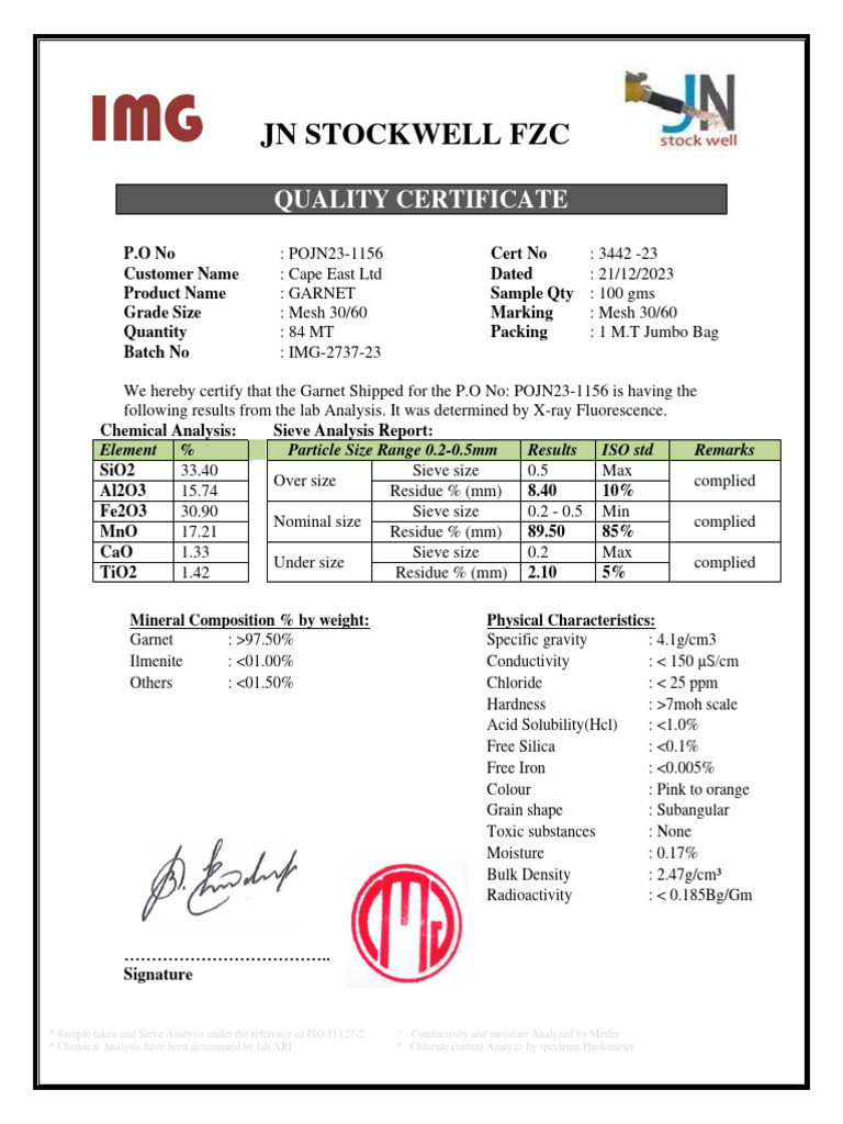 BATCH CERTIFICATE IMG 2737-23 Cape 30-60 EVB | PDF