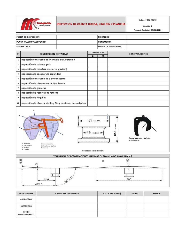 Inspección de Quinta Rueda y King Pin | PDF | Ingeniería mecánica