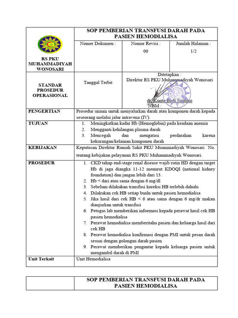 SOP Transfusi Darah Pasien Hemodialisa | PDF | Pengembangan Diri