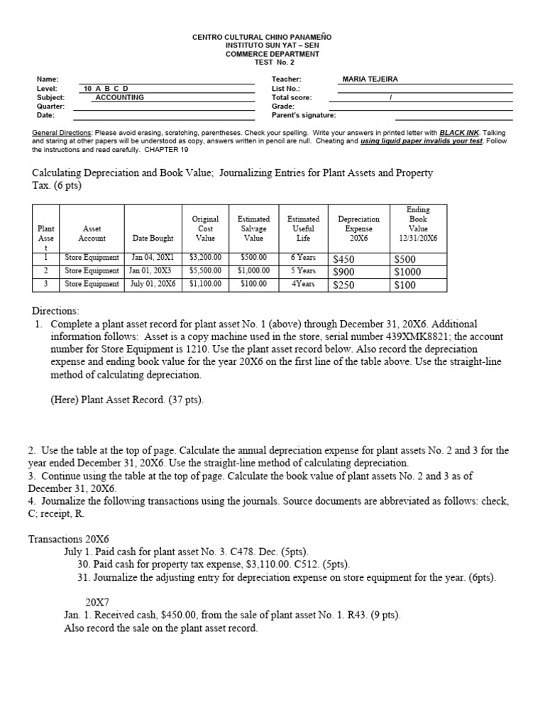 Accounting Test | PDF | Depreciation | Book Value