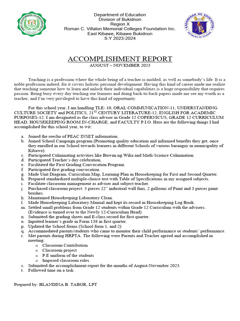 Accomplishment Report 1 | PDF | Teachers | Cognition