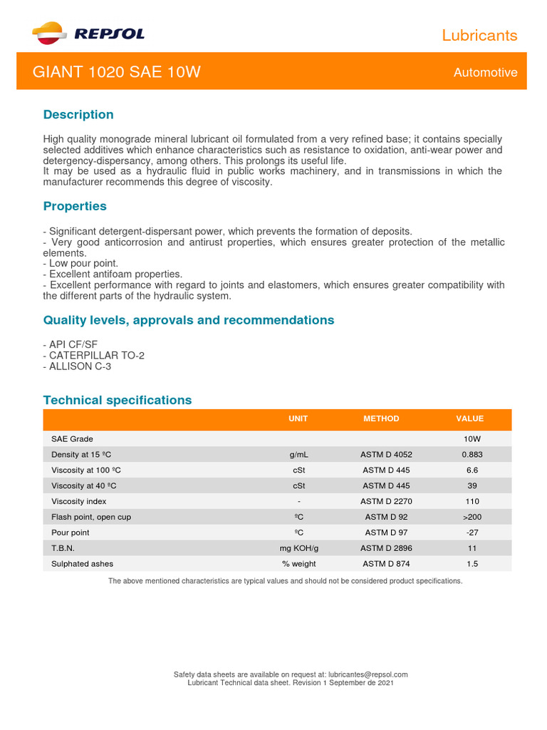 Giant 1020-SAE 10W | PDF | Lubricant | Viscosity