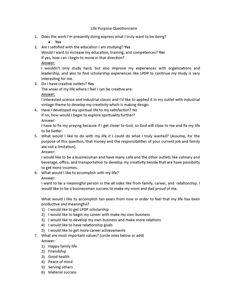 Life Purpose Questionnaire | PDF | Psychological Concepts | Social ...