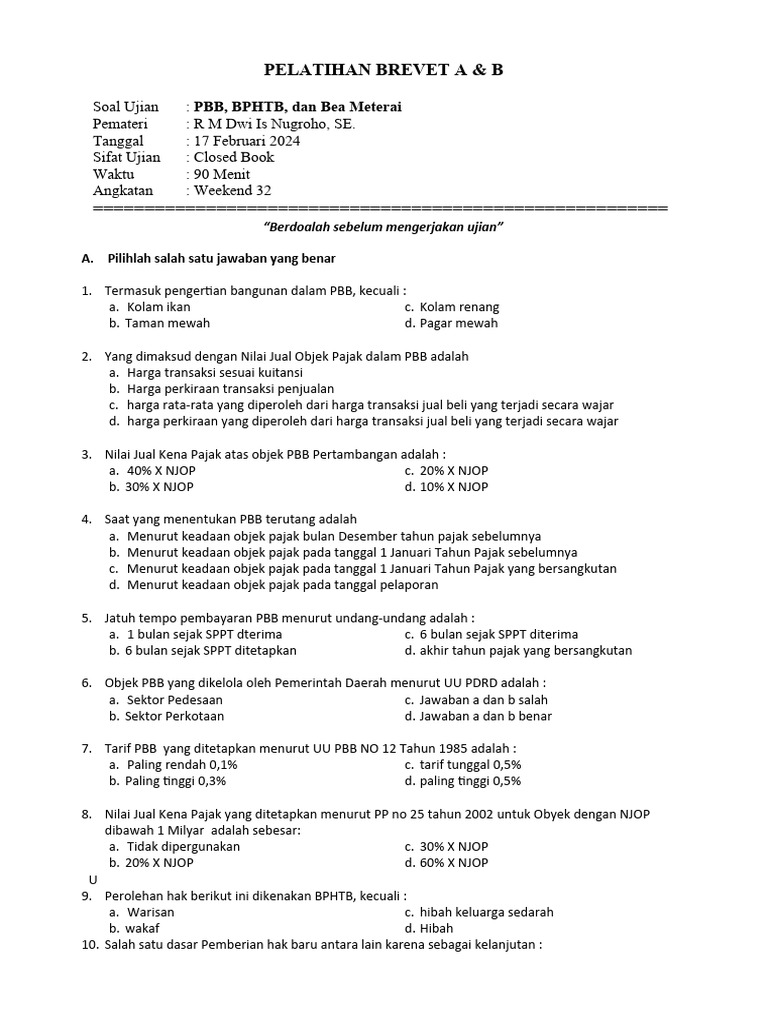 SOAL UJIAN BPP BM BPHTB 2024-Dwi Is Nugroho | PDF