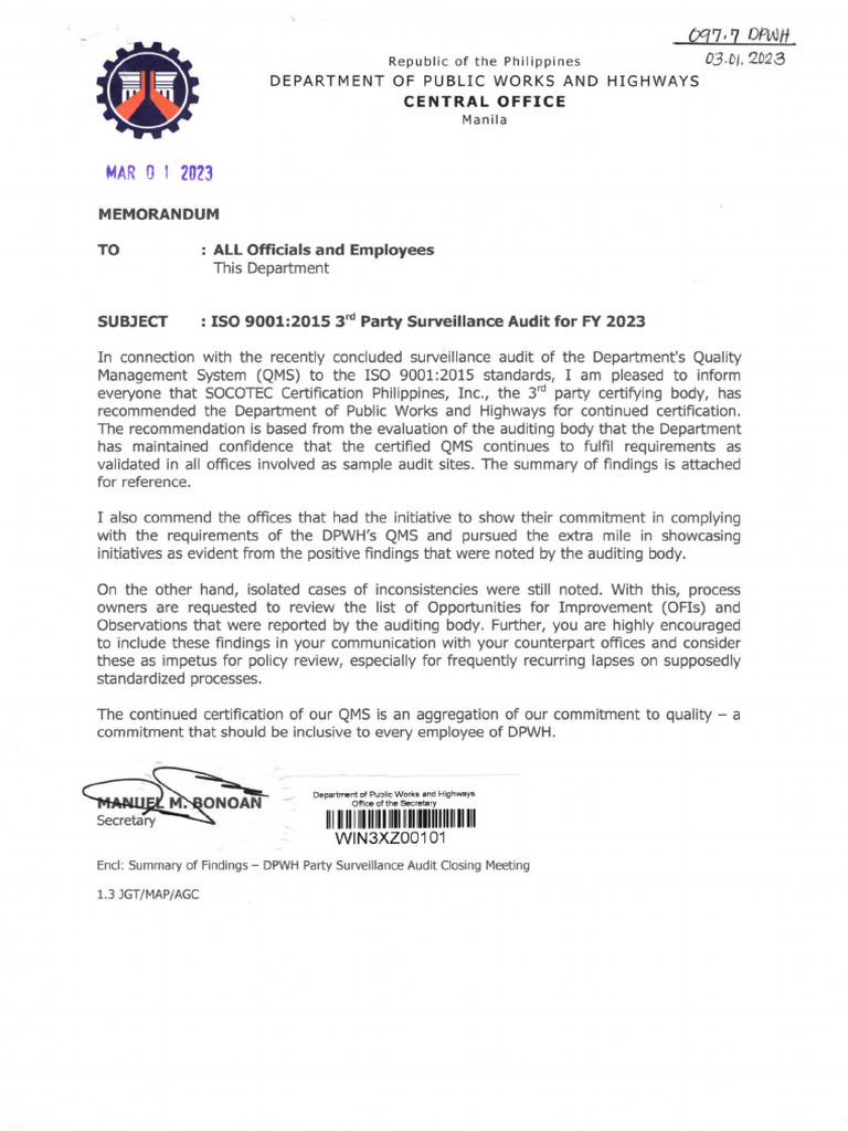 Memo 097.7 - 030123 - ISO 9001 2015 3rd Party Surveillance Audit For FY ...