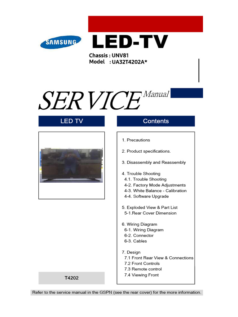 SAMSUNG SERVICE MANUAL UA32T4202A Chassis UNV81 | PDF | Electrostatic ...