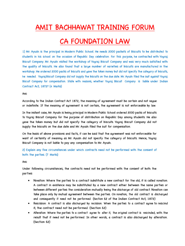 CA Foundation Law: Key Contract Questions | PDF | Limited Liability ...