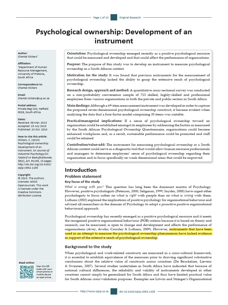 Psychological Ownership. Development of An Instrument. Original ...