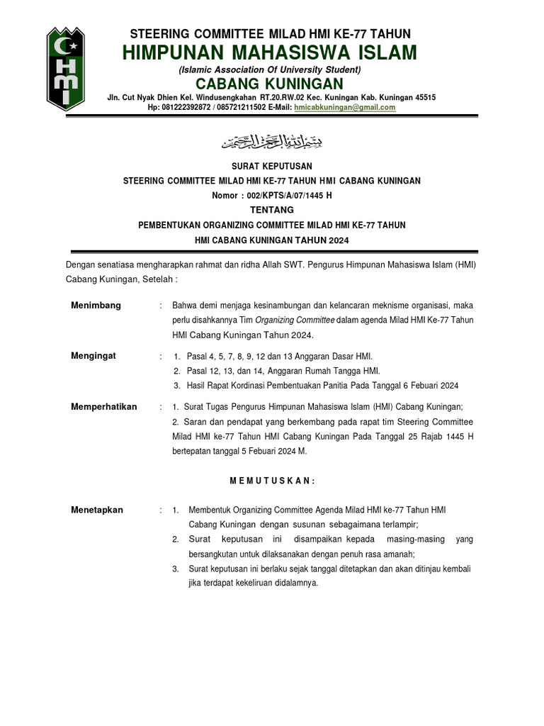 SK 02 Steering Committee Pembentukan Panitia Pelaksana Milad Hmi Ke-77 ...