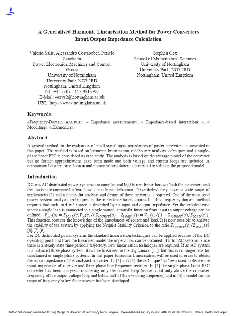 A Generalised Harmonic Linearisation Method For Power Converters Input Output Impedance ...