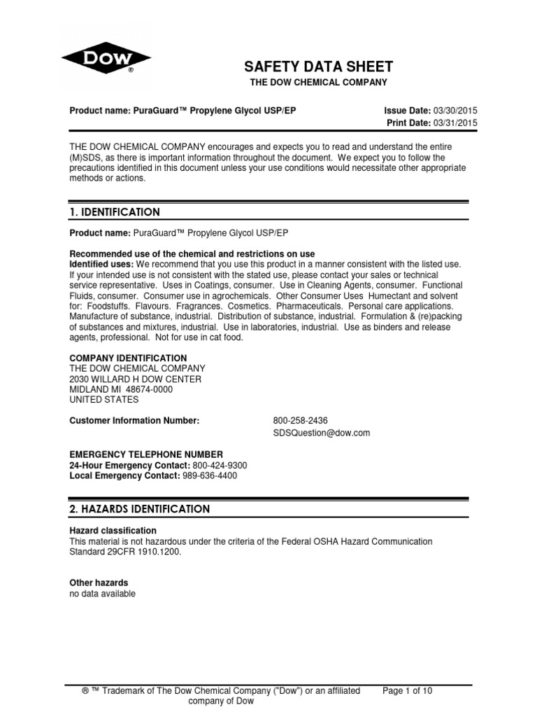 SDS Propylene Lgycol - Dow Chemical | PDF