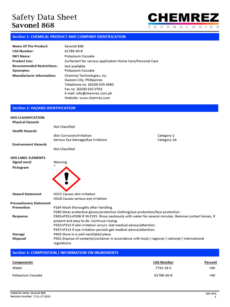 SDS Savonel 868 | PDF | Workplace | Working Conditions