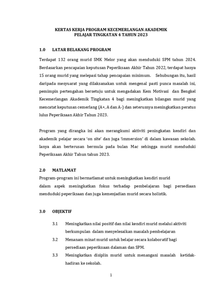 Kertas Kerja Program Kecemerlangan Ting 4 | PDF