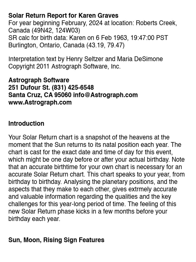 Solar Return Report For Karen Graves | PDF | Planets In Astrology | Thought