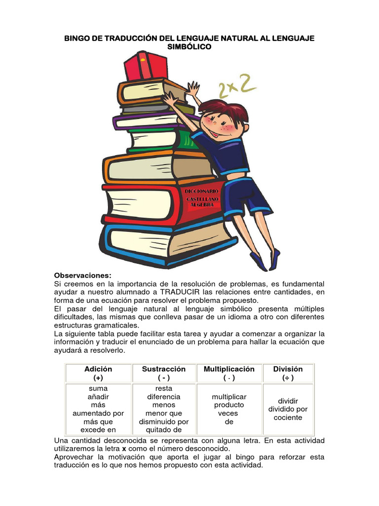 Bingo Lenguaje Simbolico | PDF | Multiplicación | Sustracción