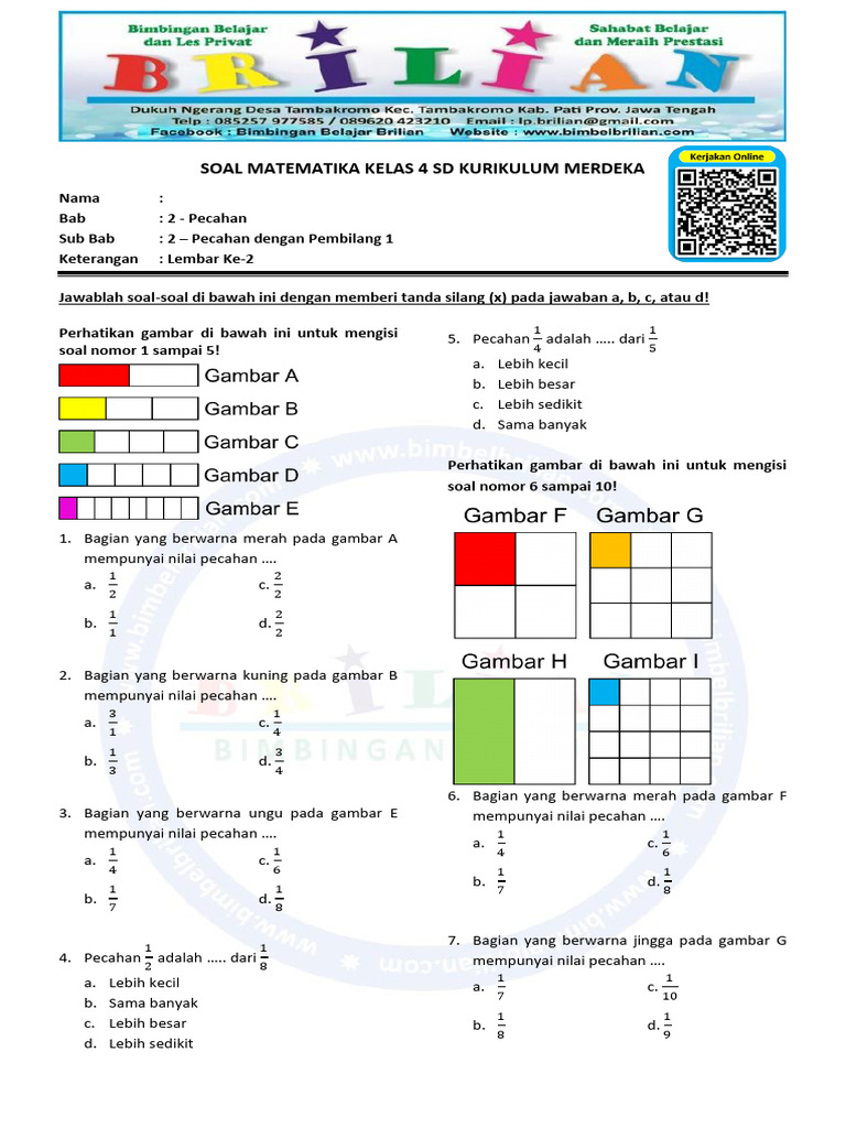 Soal Matematika Kelas 4 SD Bab 2 Pecahan Sub Bab 2 Pecahan Dengan Pembilang 1 Lembar Ke-2 | PDF