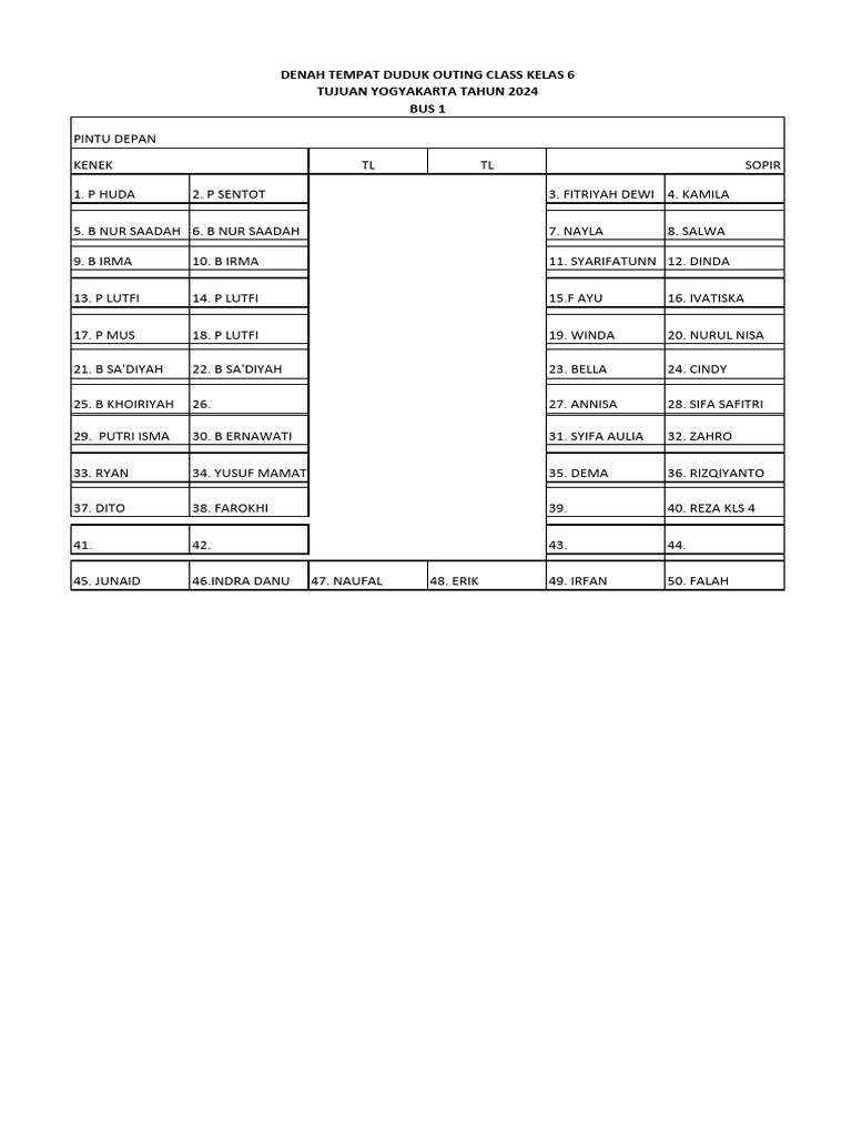 Denah Bus 1 Outing Class 2024 | PDF