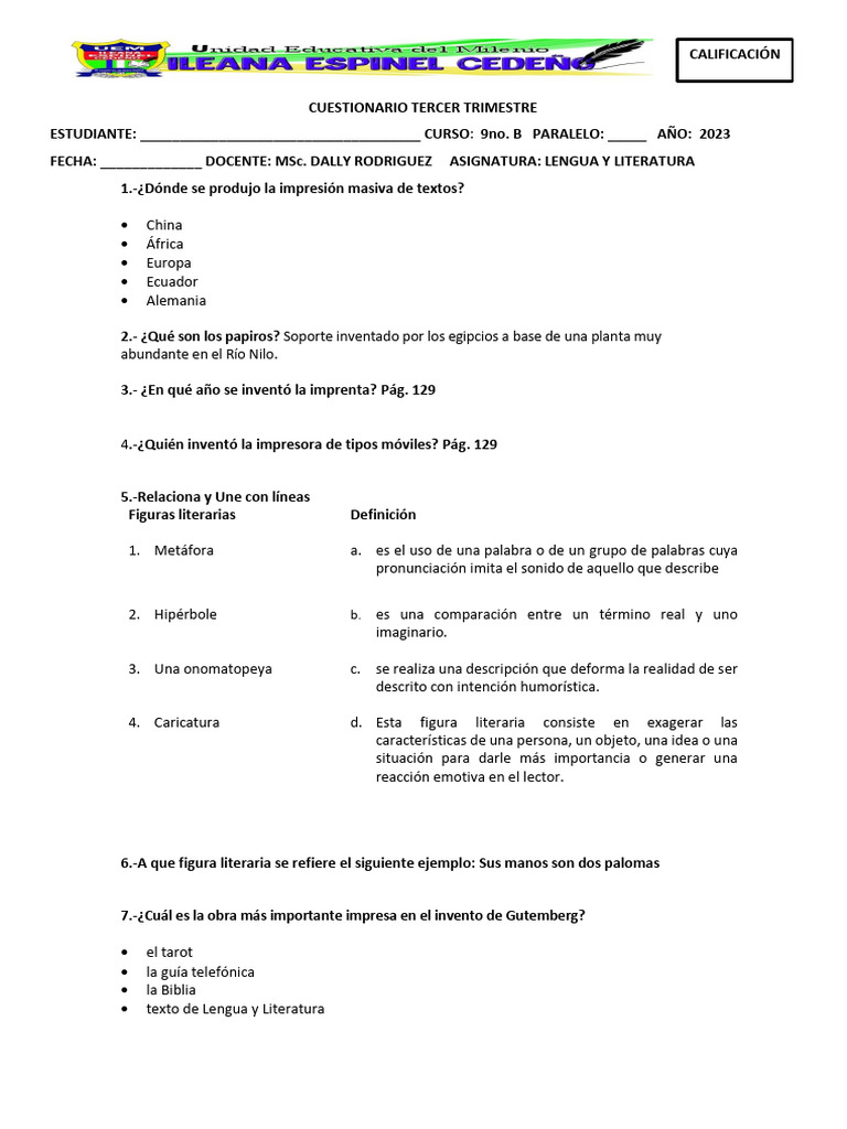 CUESTIONARIO 9no. B 3T. | PDF | Imprenta | Selva amazónica