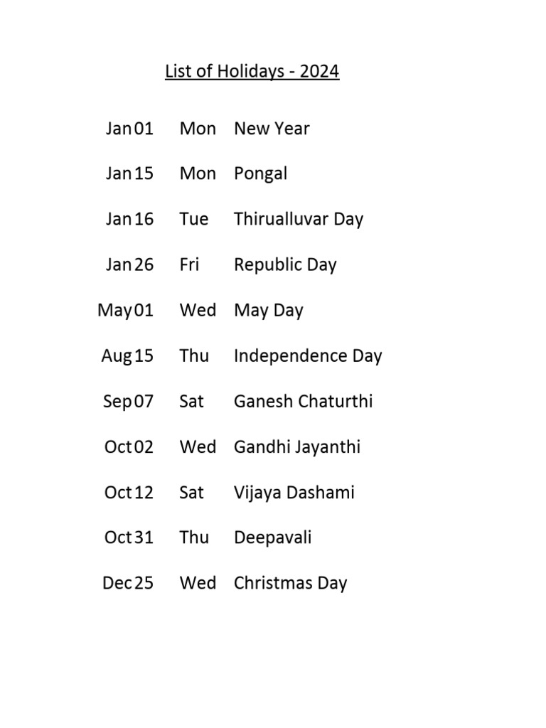 List of Holidays 2024 | PDF