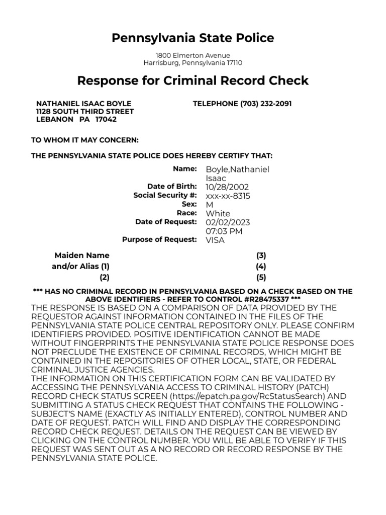 Pennsylvania Access To Criminal History - RecordCheckCertificate | PDF ...