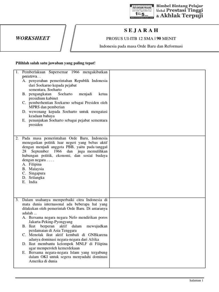 WS SEJARAH - 12 SMA UI-ITB (Orde Baru Dan Reformasi) (Layout) TA 23-24 | PDF | Politik