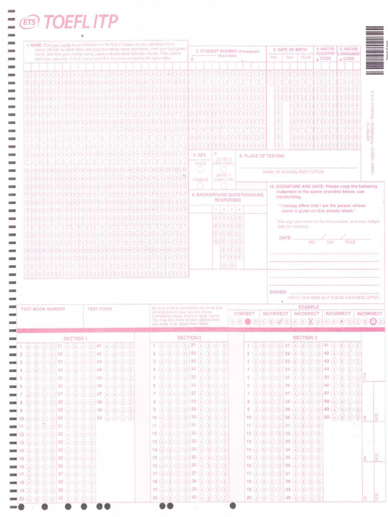 Hoja de Respuestas Toefl Itp 5° Semestre | PDF