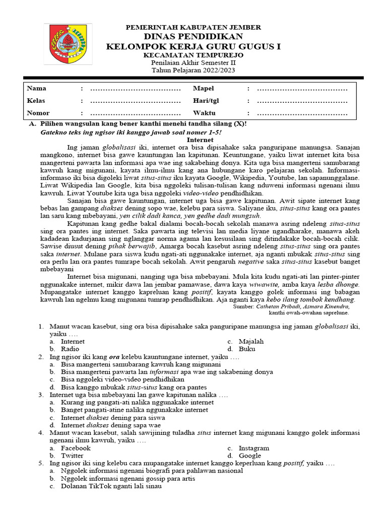 Soal Pas Genap Jawa | PDF