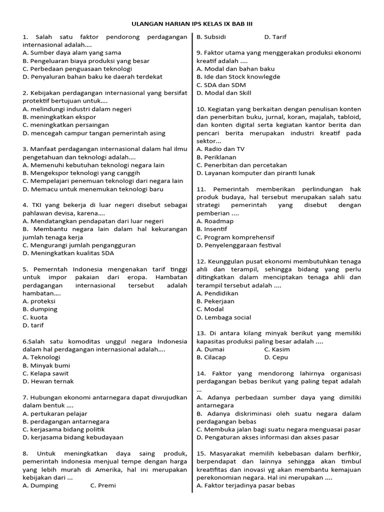 Ulangan Harian Ips Kelas Ix Bab Iii | PDF