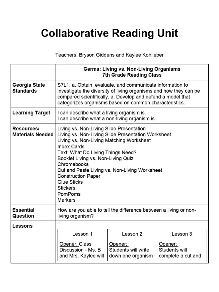 Collaborative Reading Unit: Germs: Living vs. Non-Living Organisms 7th ...