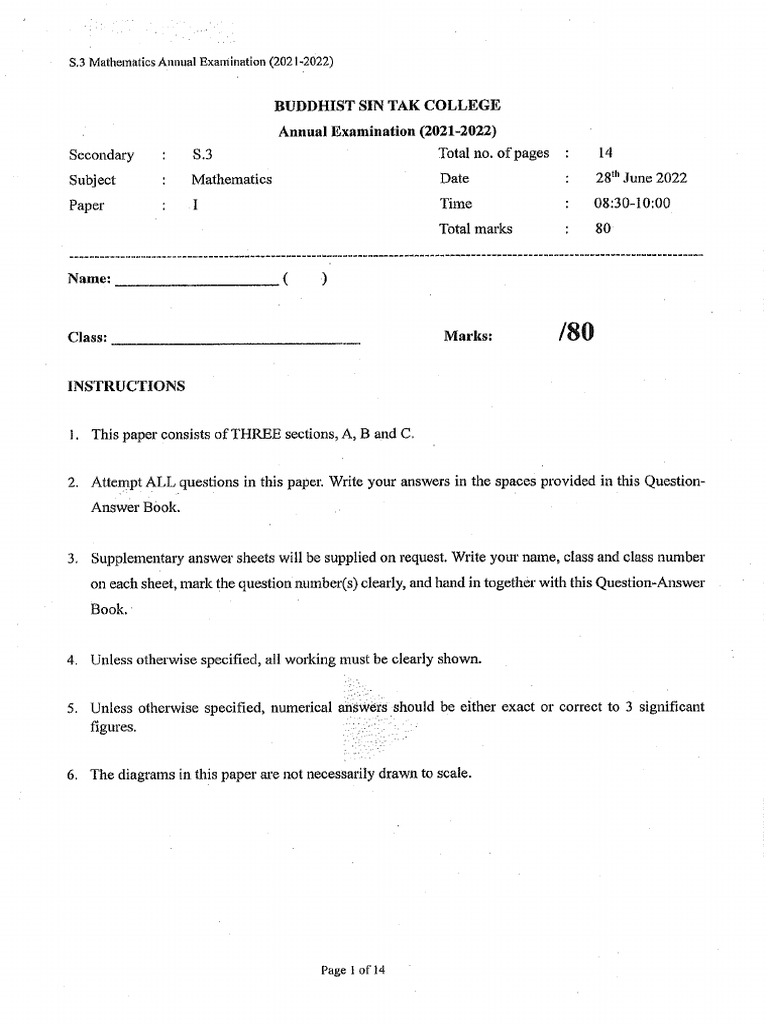 2122 AE S3 Math P1 Q | PDF