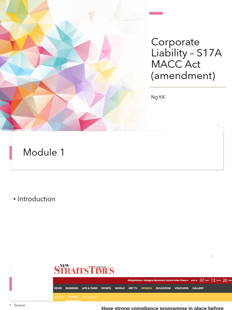 Corporate Liability - S17A MACC Act (Amendment) | PDF | Bribery | Risk