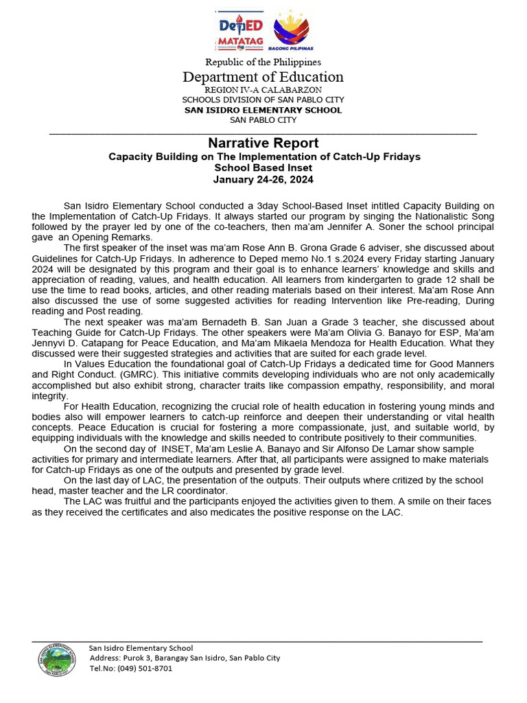 Narrative Report School Based Inset SIES | Download Free PDF ...