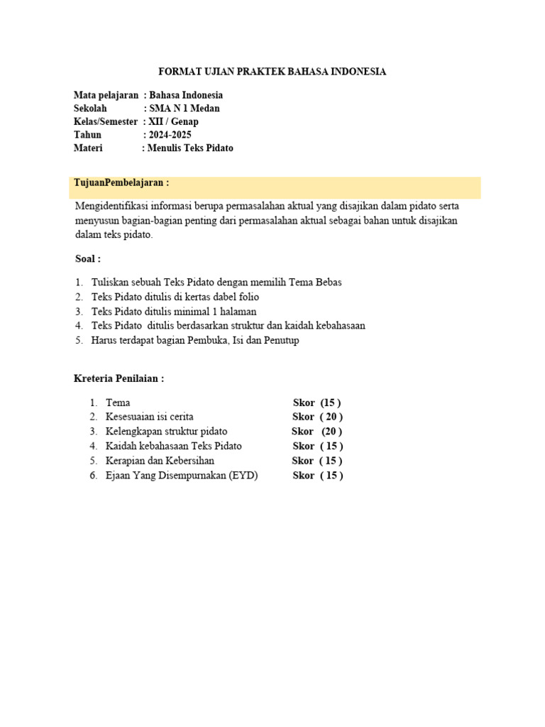 Format Penilaian Ujian Praktek Bahasa Indonesia TP.2024-2025 | PDF | Kajian Bahasa Asing