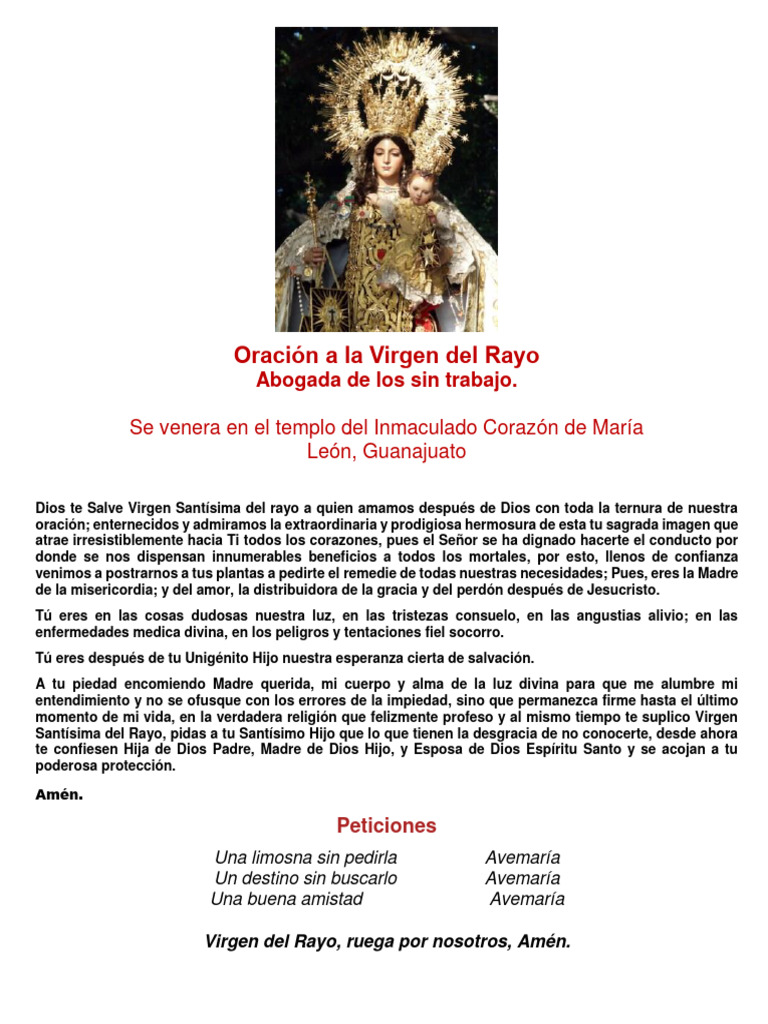 Oración A La Virgen Del Rayo | PDF