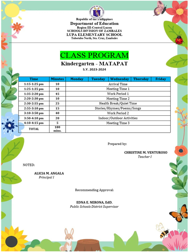 Sample CLASS PROGRAM - Kinder-Matapat - PM | PDF