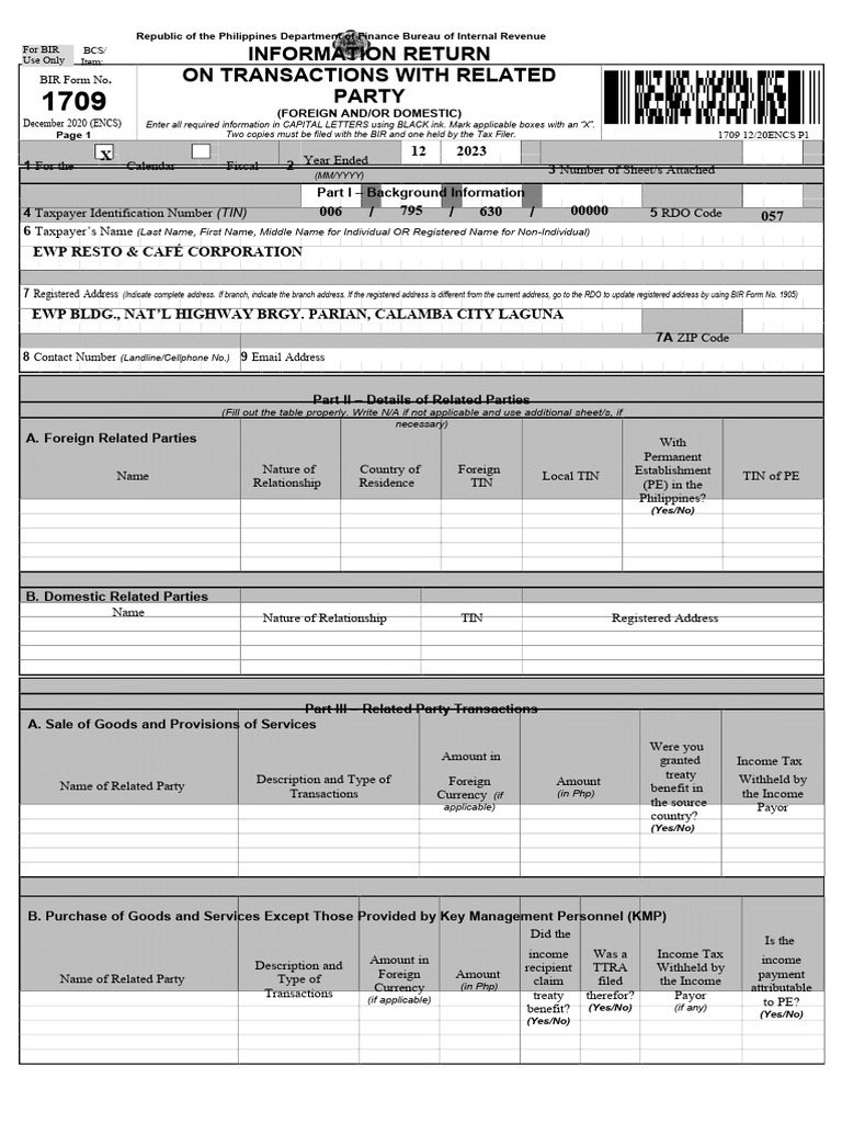 BIR Form No. 1709 Dec 2020 Encs | PDF | Payments | Business