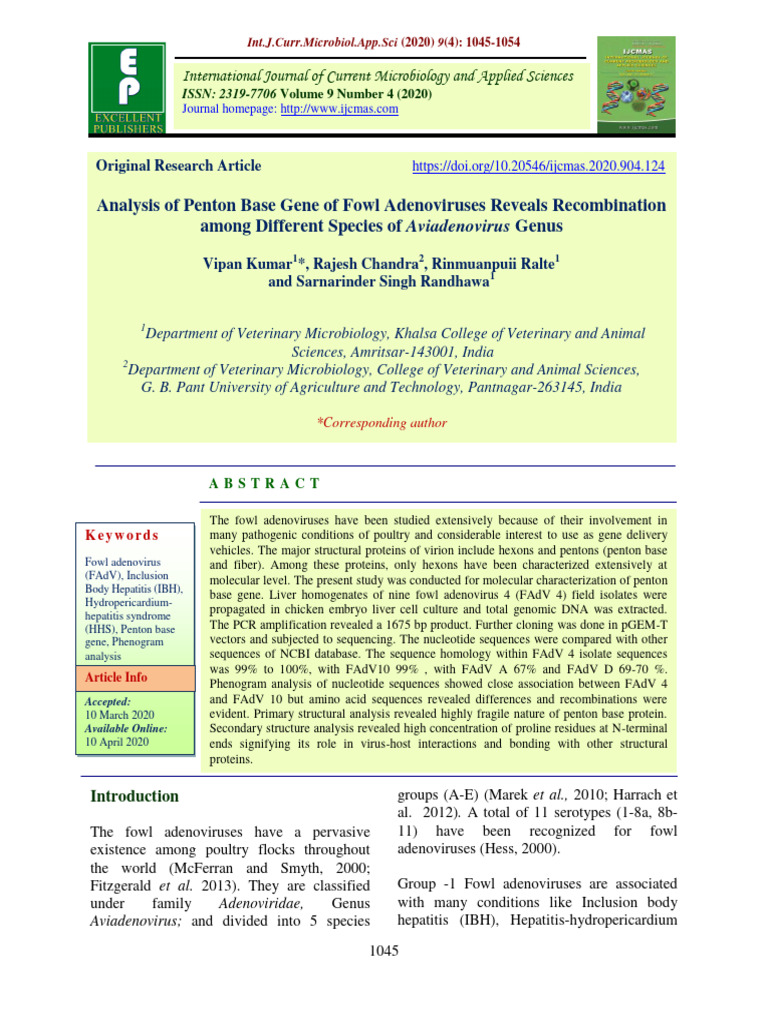 Analysis of Penton Base Gene of Fowl Adenoviruses Reveals Recombination ...