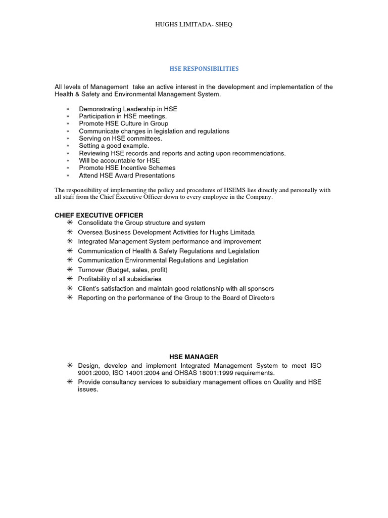 Hse Responsibilities | Download Free PDF | Occupational Safety And ...