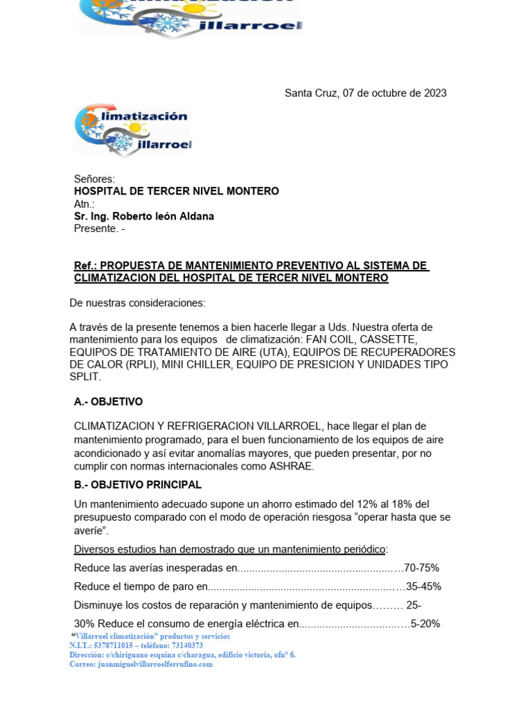 PROPUESTA DE MMTT PARA EL H.T.N.Mvillarroelclimatizacion | PDF | Rodamiento (Mecánico ...