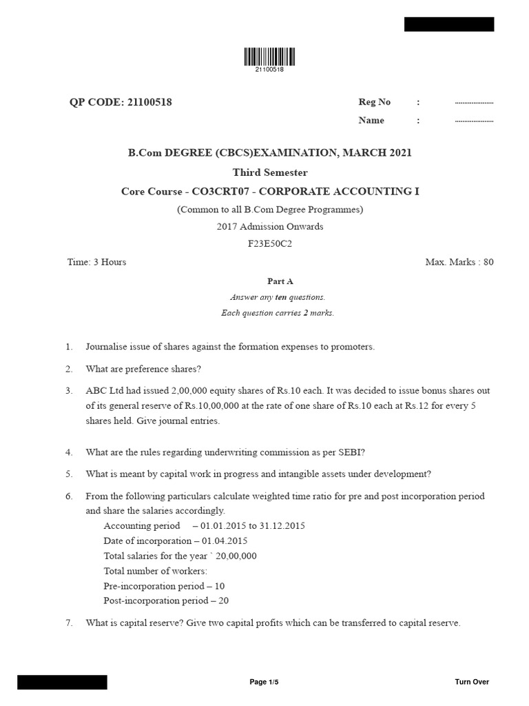 Bcom 3 Sem Corporate Accounting 1 21100518 Mar 2021 | PDF | Stocks ...
