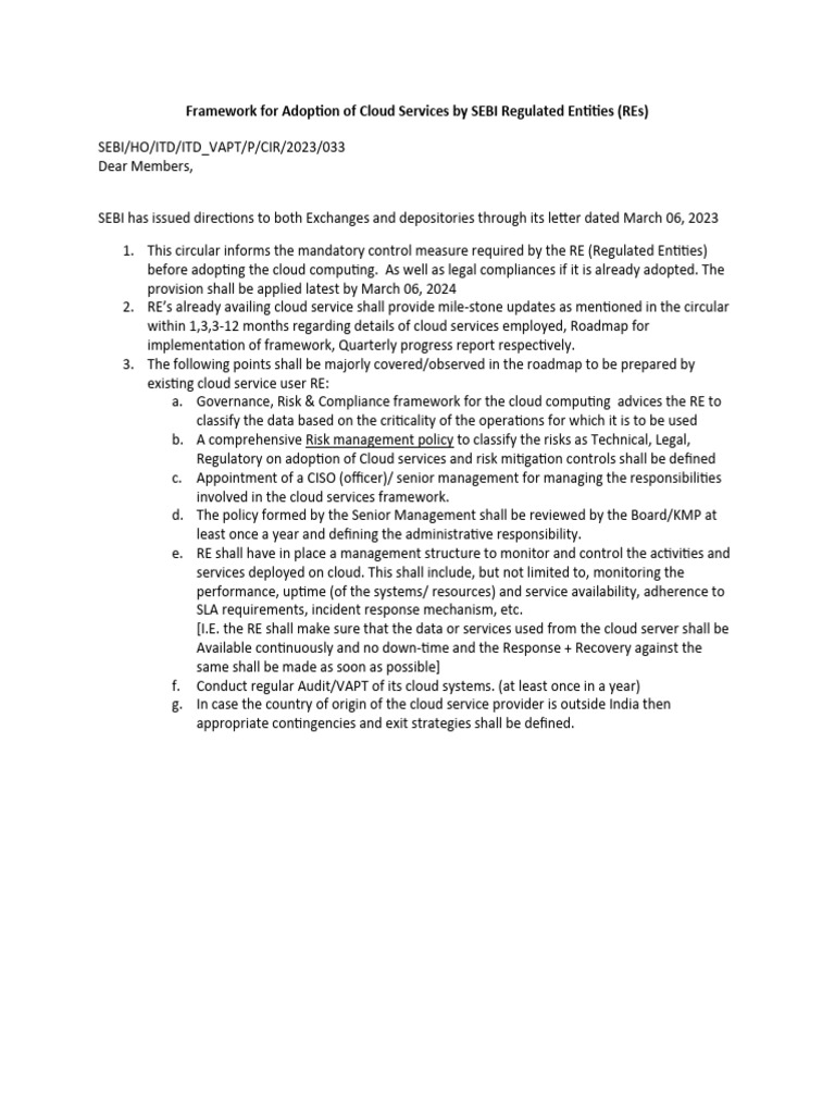 Adoption of Cloud Service by Sebi RE Discussion | PDF | Cloud Computing | Regulatory Compliance