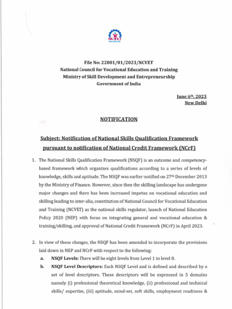 NSQF Order Updated | PDF | Vocational Education | Learning