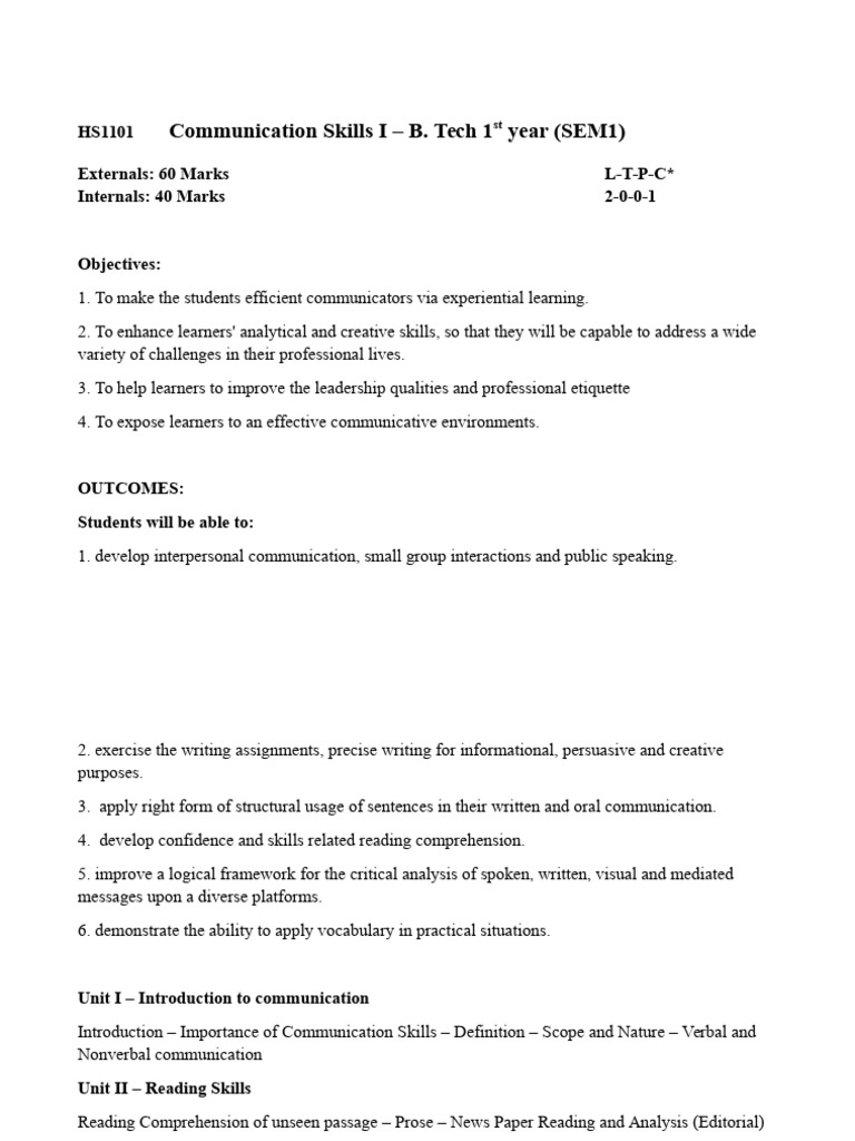 E1 Csi Sem1 Syllabus | PDF | Part Of Speech | Reading Comprehension